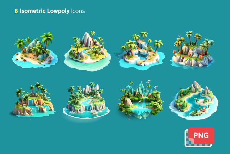 Tropical Island Isometric Low Poly Icons Set - Etsy