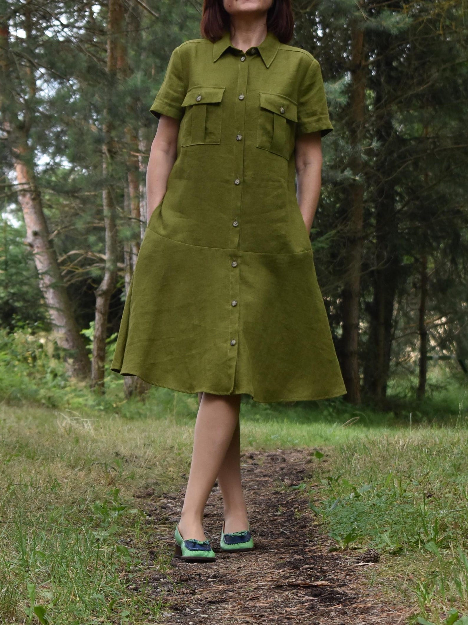 Natural Linen Shirt Dress, Loose Midi Linen Dress, Casual Outfit ...