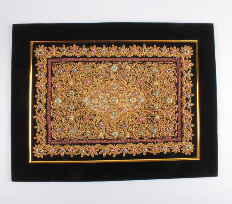 Handmade Zardosi Embroidery Wall Art: Indian Gold Thread Velvet ...