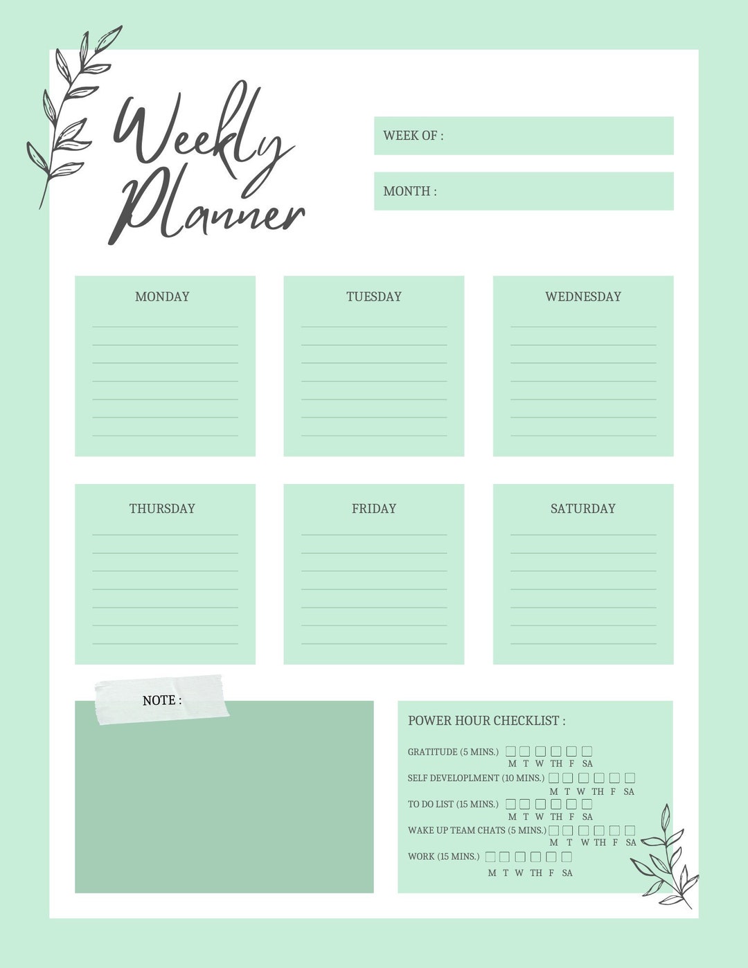 Printable Weekly Planner & Power Hour Checklist - Etsy