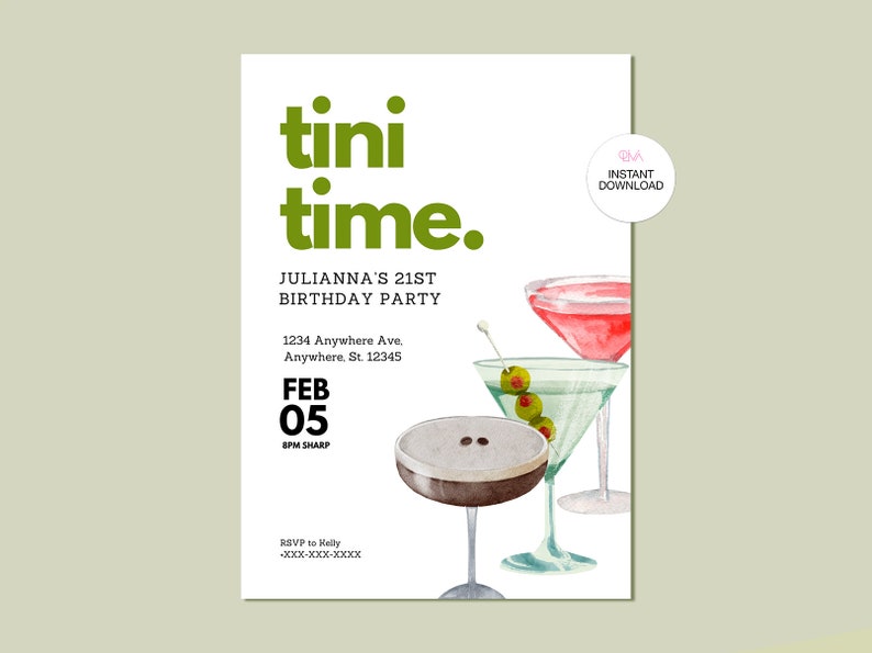Plantilla de invitación de cumpleaños de descarga digital de Martini ...