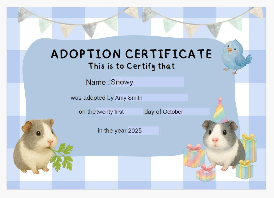 Guinea Pig Pet Adoption Certificate -boy- Editable - Etsy