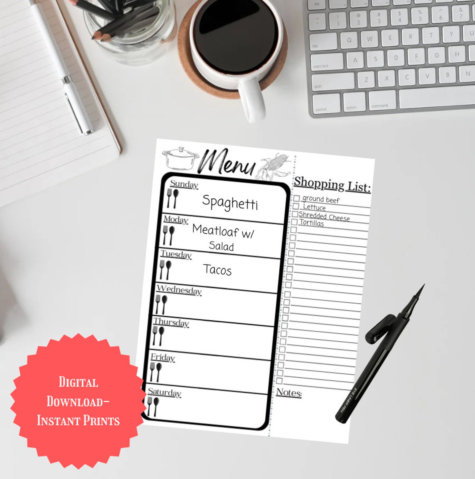 Meal Planner Printable Meal Plan and Grocery List Template Download ...