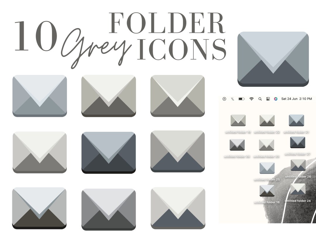 10 Grey Desktop Folder Icons for MacBook and Windows Envelope Style ...