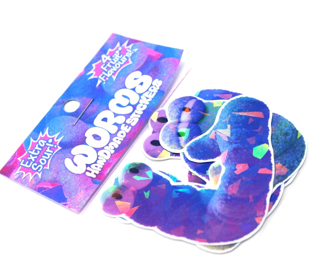 Sour GUMMY WORM Candy Holo Stickers - 4 Pack - Hand Made - Holographic ...