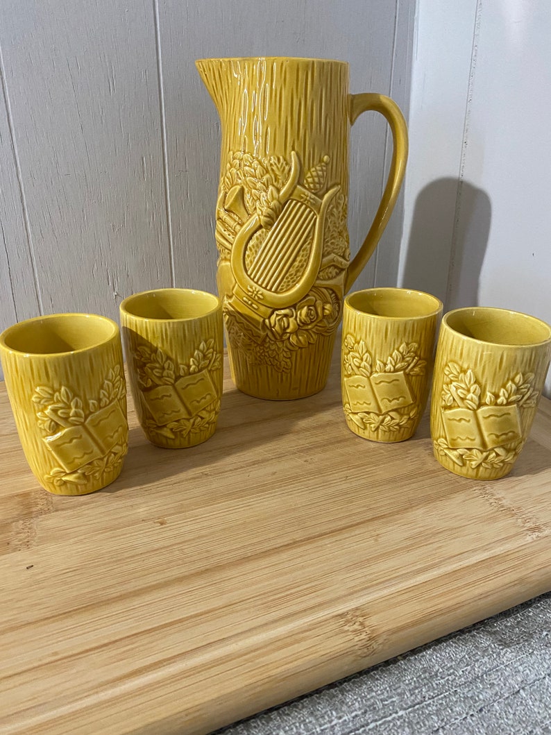 Enesco Yellow Ceramic Pitcher and Four Cups - Etsy