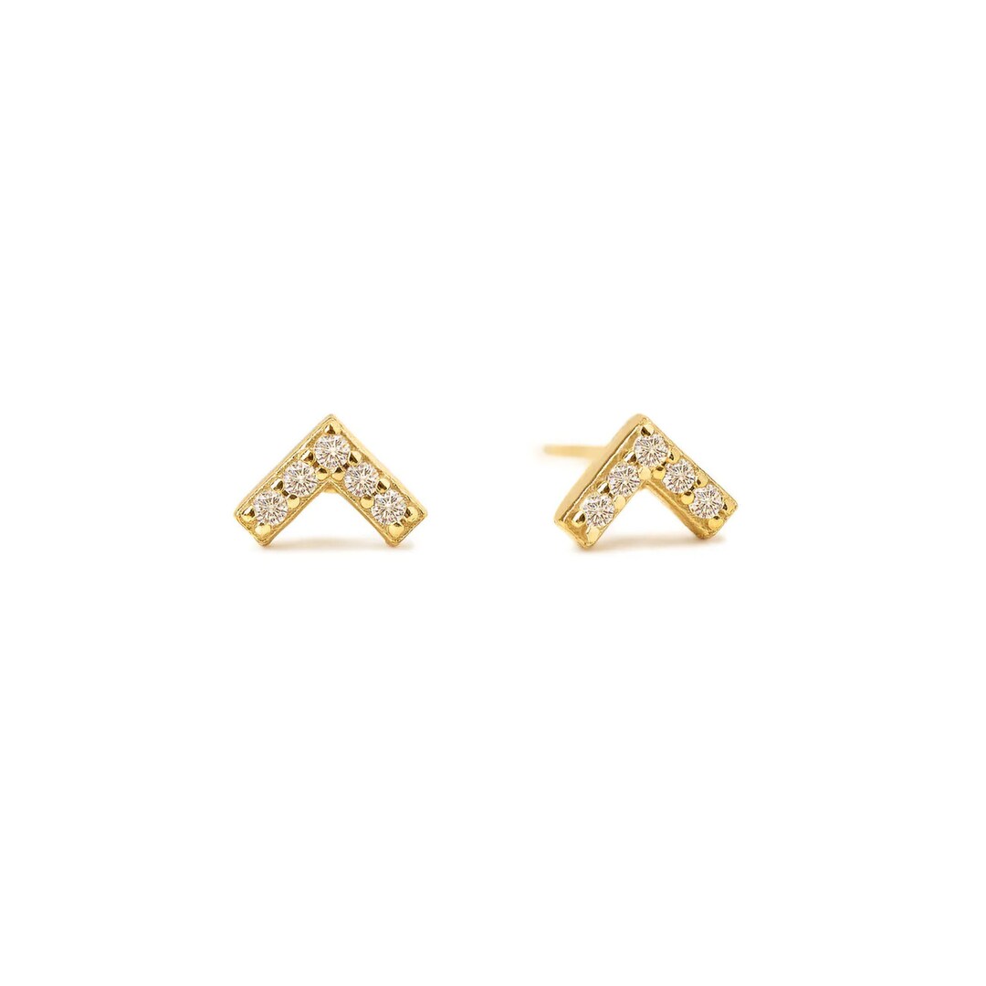 14K Gold Chevron Stud Earrings: Cubic Zirconia Crystals - Etsy
