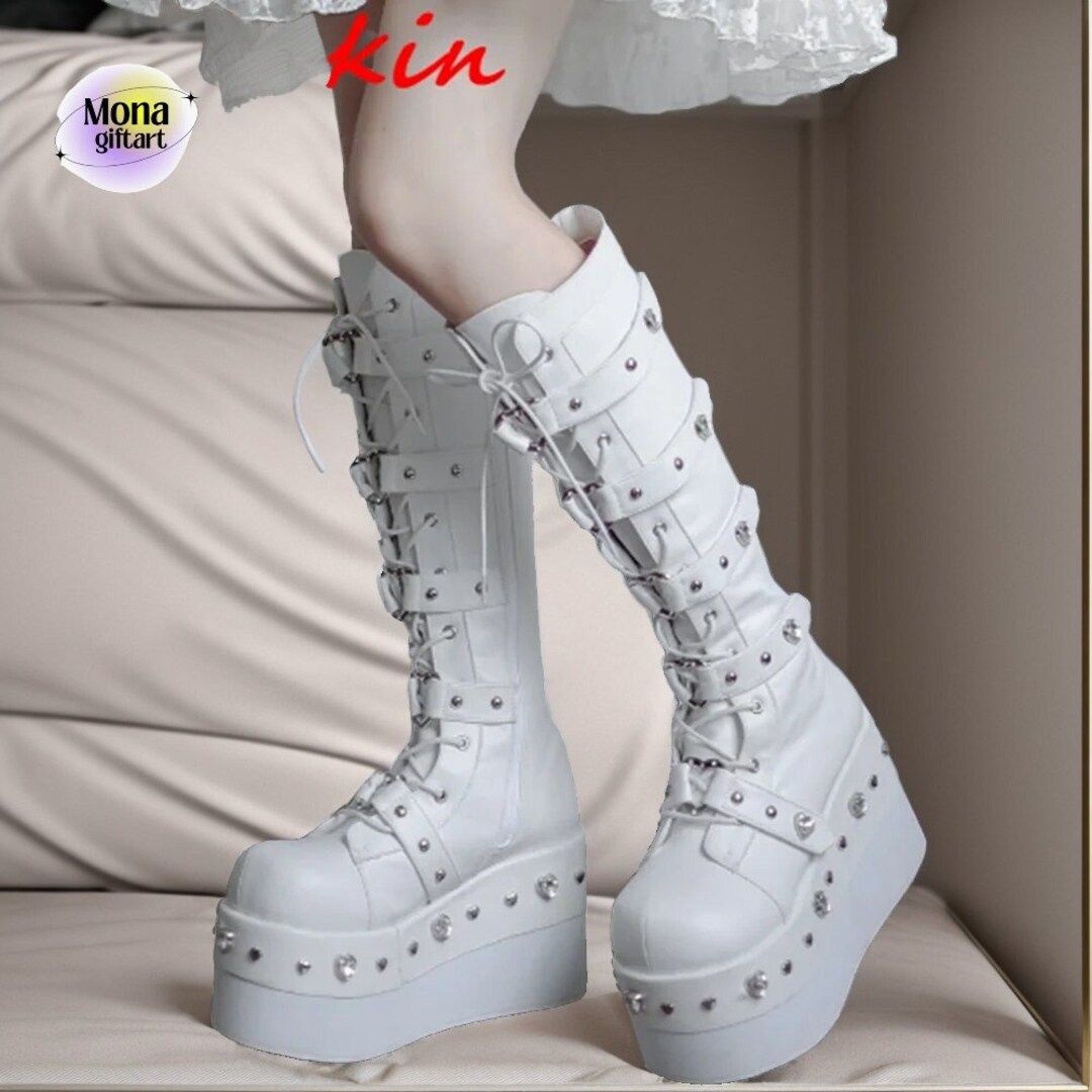 Y2K Metal Heart Shape Over the Knee Boots, Crystal Bling Round Toe Lace ...