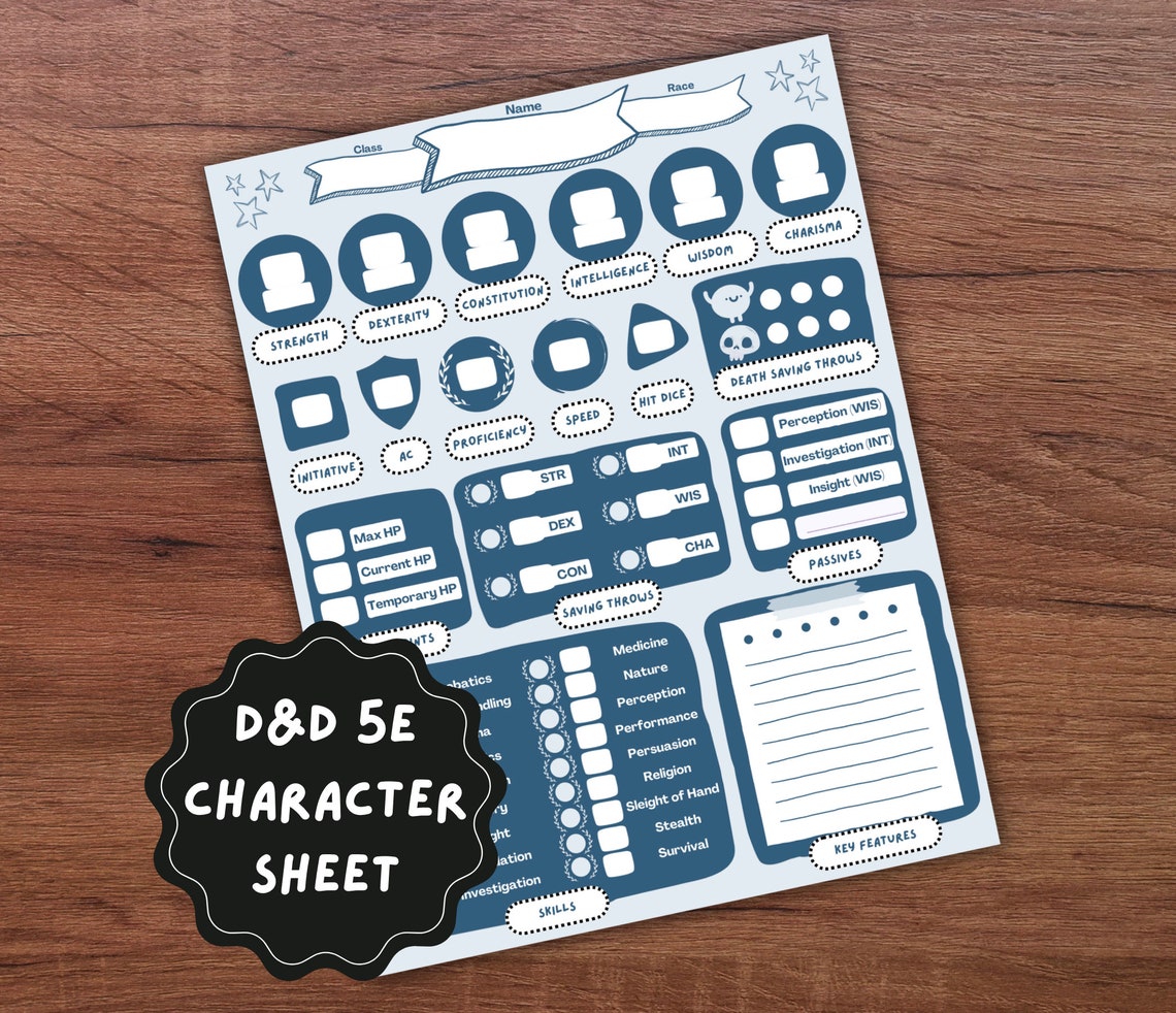 Dnd Character Sheet Blue Digital Printable 5e Template - Etsy