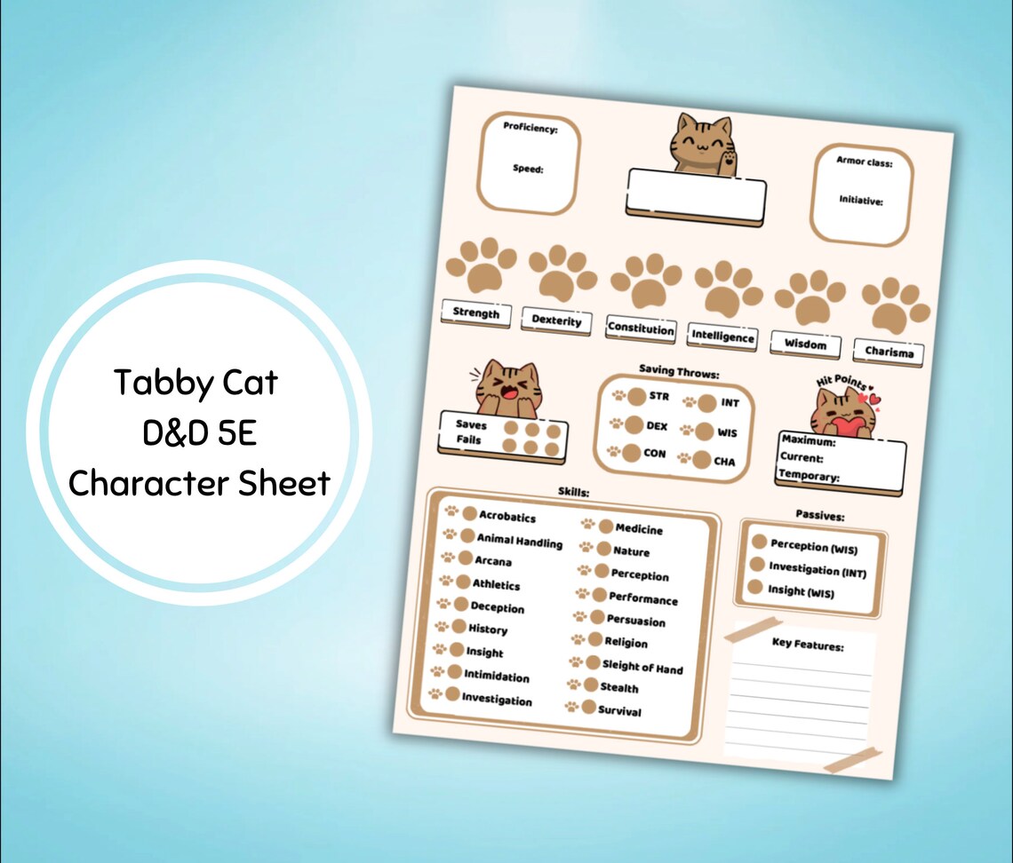 Dnd Character Sheet Digital or Printable Tabby Cat Theme 5e With Spells ...