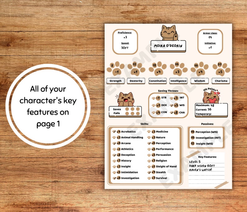 Dnd Character Sheet Digital or Printable Tabby Cat Theme 5e With Spells ...