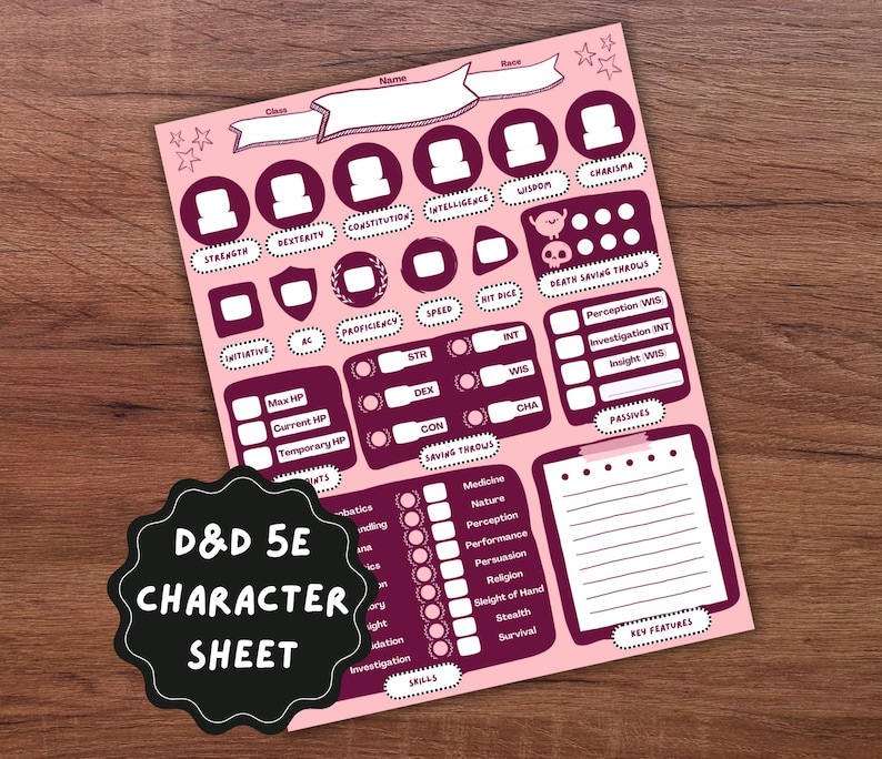 Dnd Character Sheet Digital Printable Cherry Pink Template 5e - Etsy