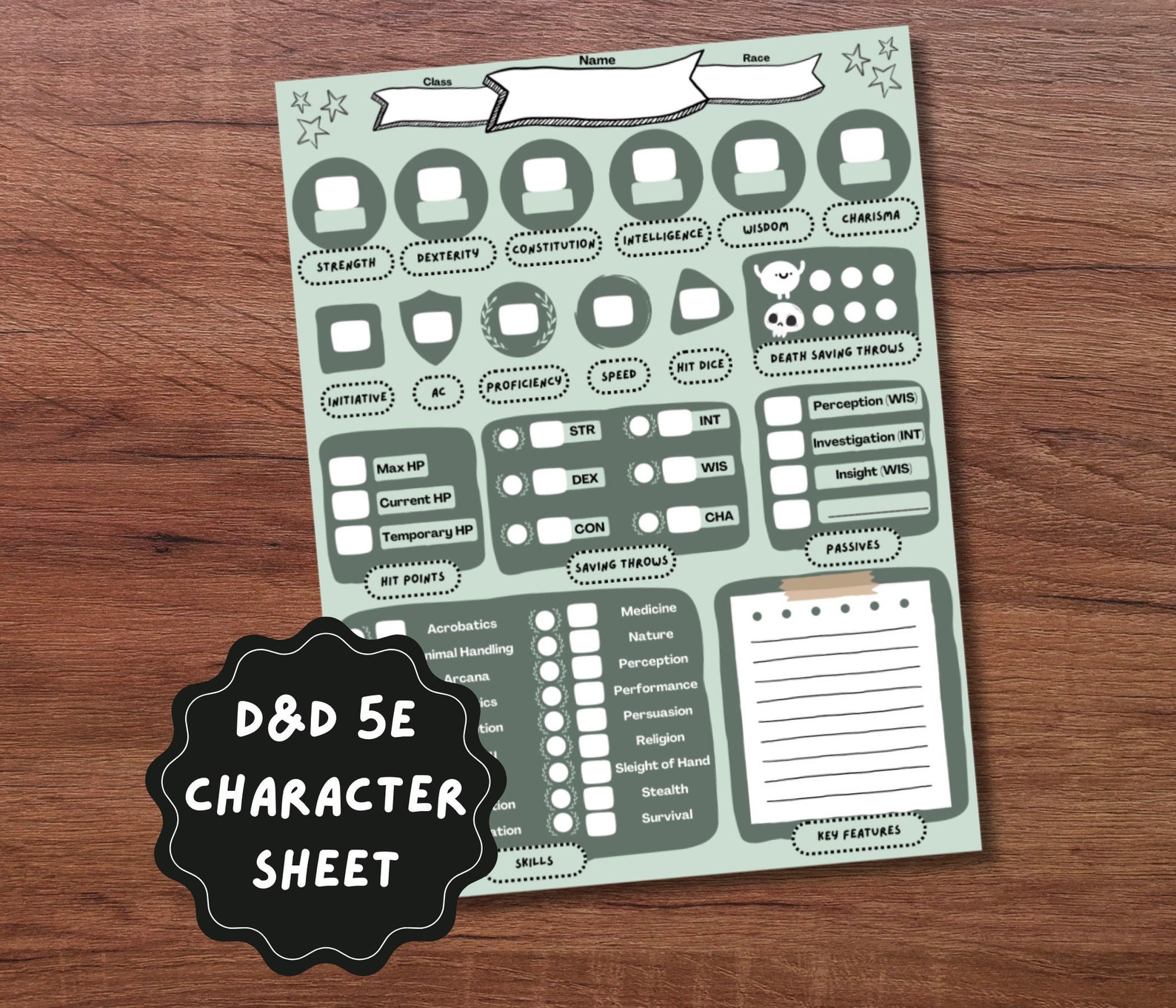 Dnd Character Sheet: Digital or Printable PDF Simple Cute Green Style ...