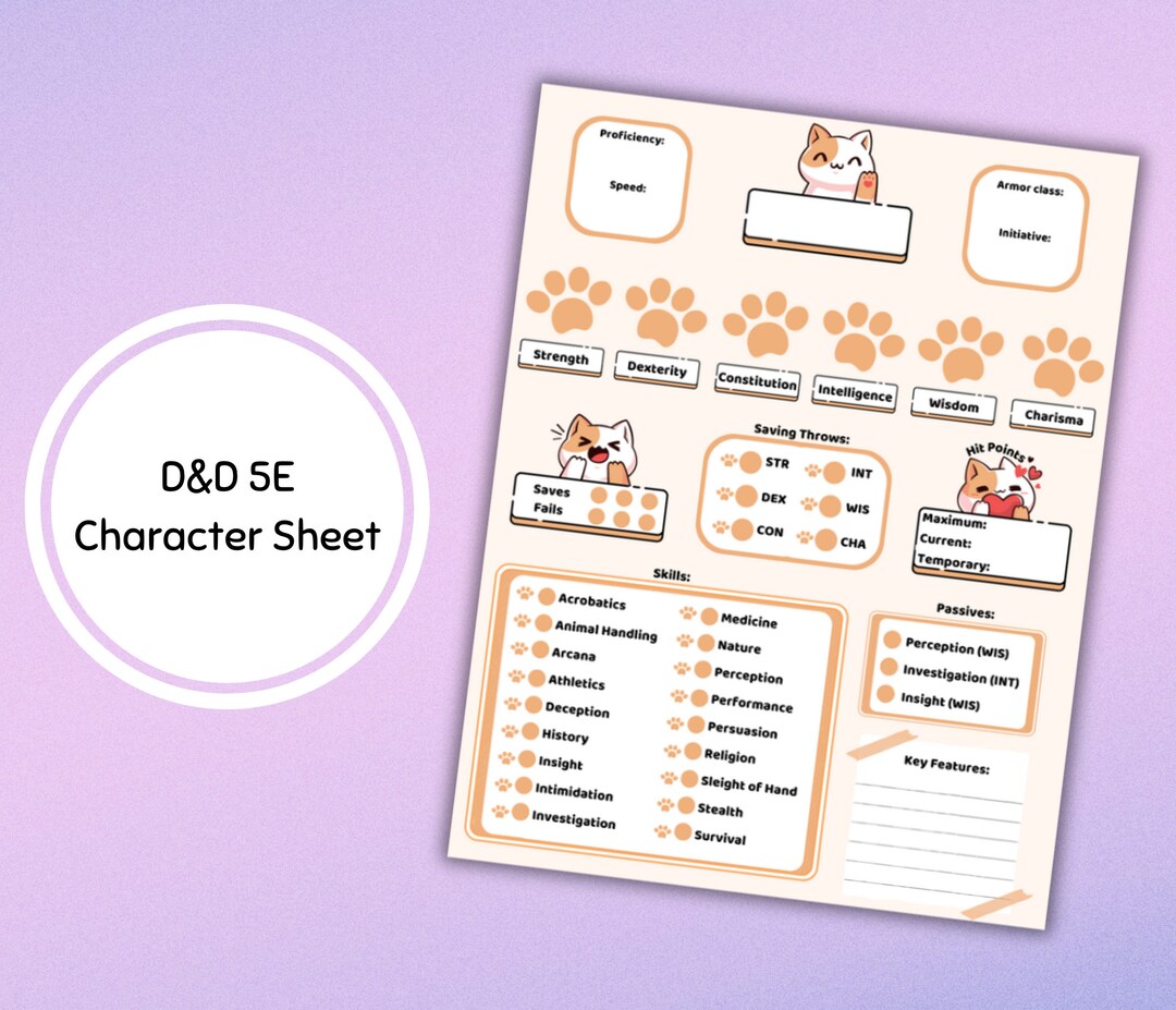Calico Cat Dnd 5e Digital or Printable Character Sheet, Spell Sheet ...