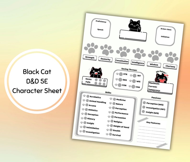 Black Cat Dnd Character Sheet 5e Digital or Printable, Spell Sheet ...