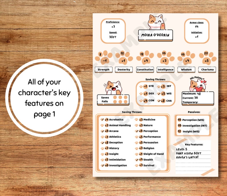 Calico Cat Dnd 5e Digital or Printable Character Sheet Spell - Etsy