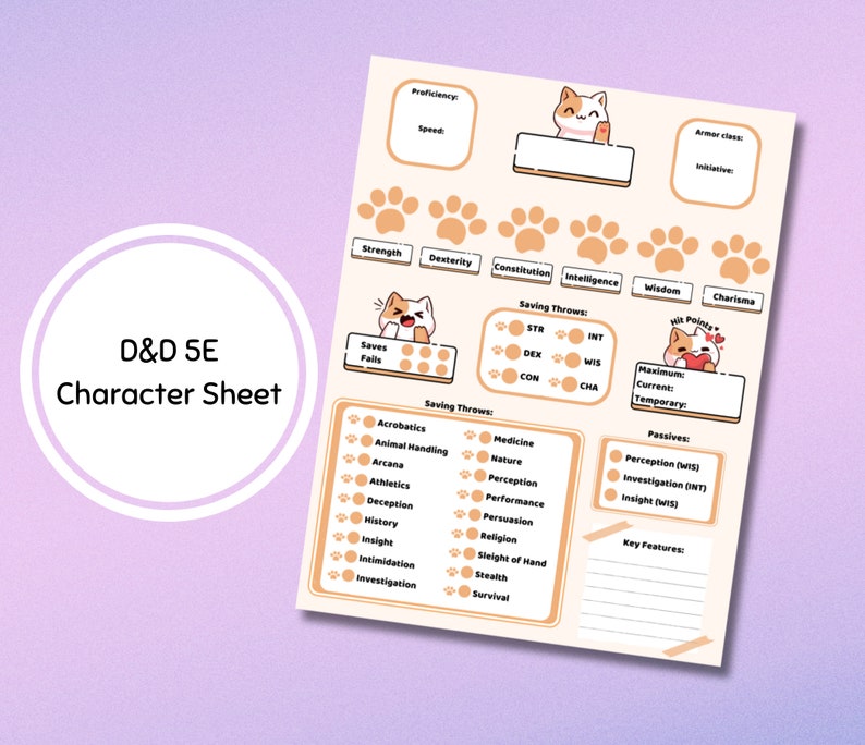 Calico Cat Dnd 5e Digital or Printable Character Sheet Spell - Etsy