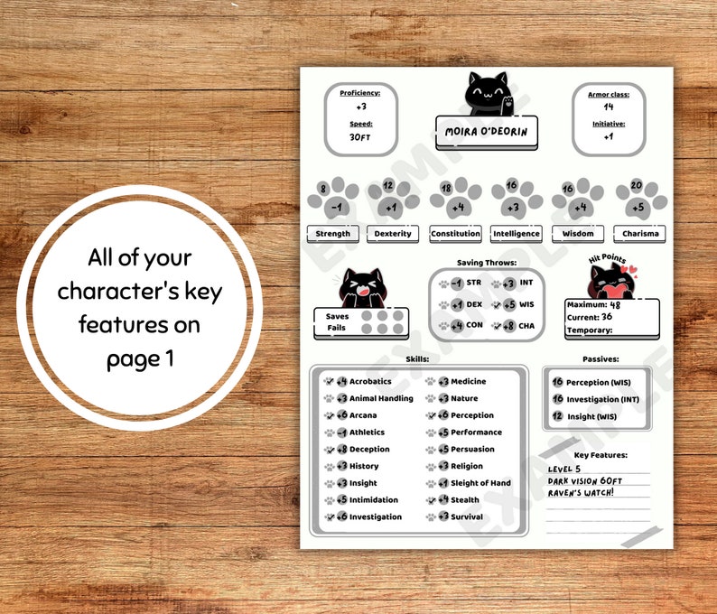 Black Cat Dnd Character Sheet 5e Digital or Printable, Spell Sheet ...