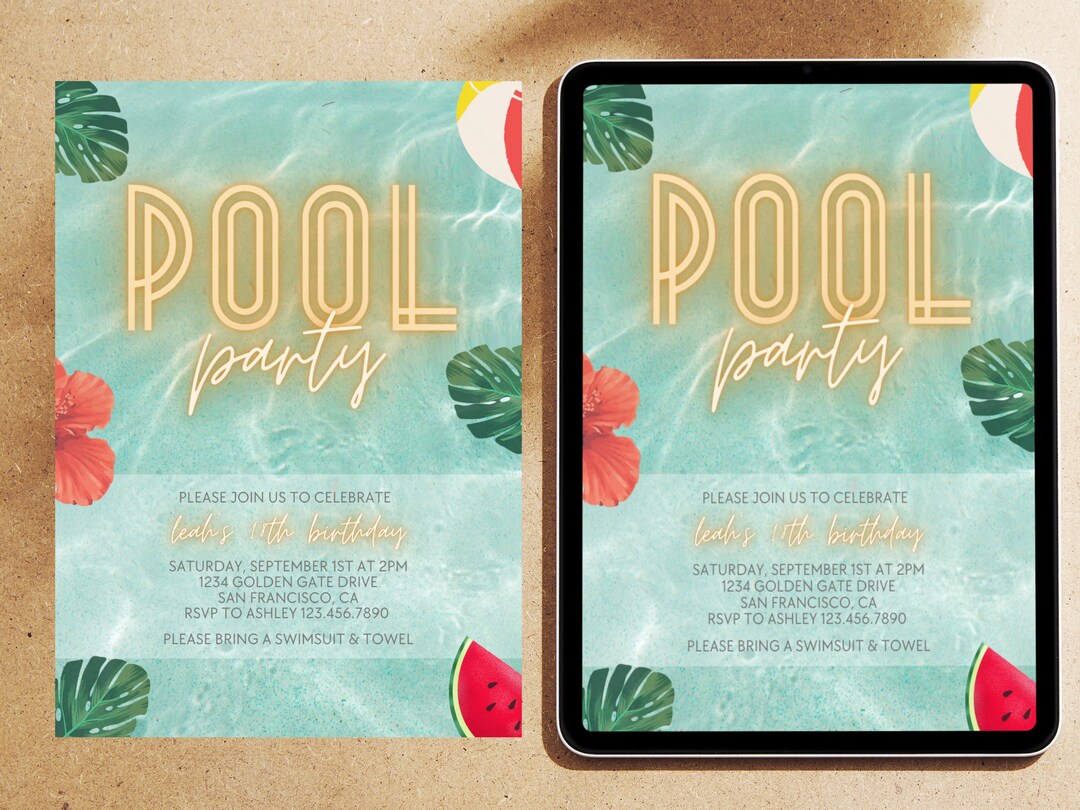 Pool Party Invitation, Textable Pool Party Invite, Pool Invites, Pool ...