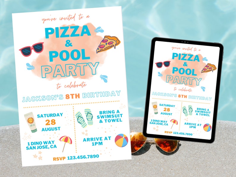Pool Party Invitation, Pizza and Pool Party Invitation, Pizza Party ...