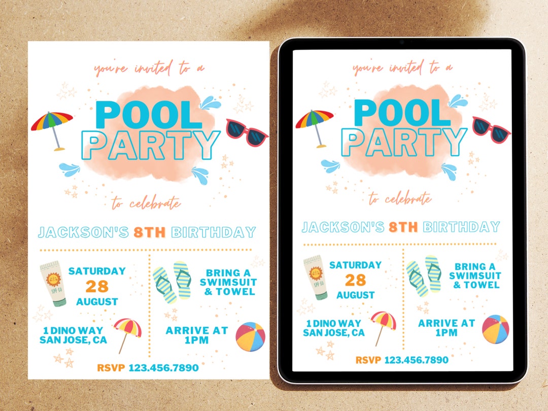 Downloadable Pool Party Invitation, Pool Parties Invites, Textable Pool ...