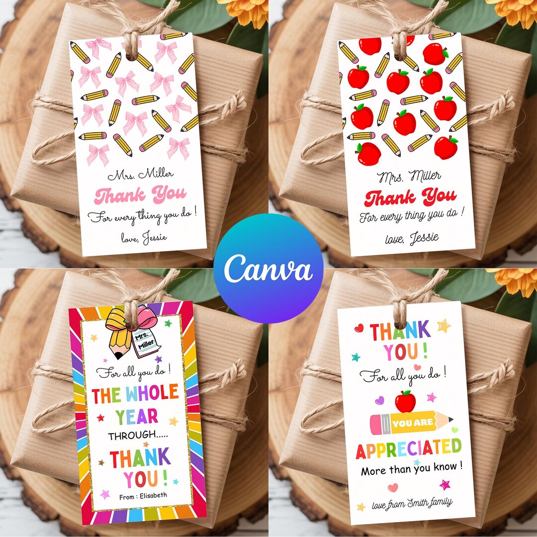 4 Teacher Appreciation Gift Tags Editable Canva Template, Thank You ...