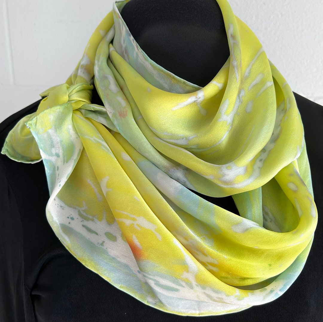 Hand Dyed Satin Silk Scarf: Yellow Aqua Wearable Art (11" X 60") - Etsy