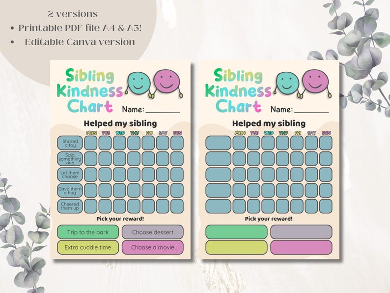Sibling Kindness Reward Chart | Printable & Editable Canva Template ...
