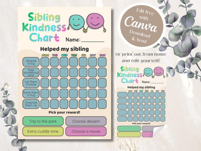 Sibling Kindness Reward Chart | Printable & Editable Canva Template ...