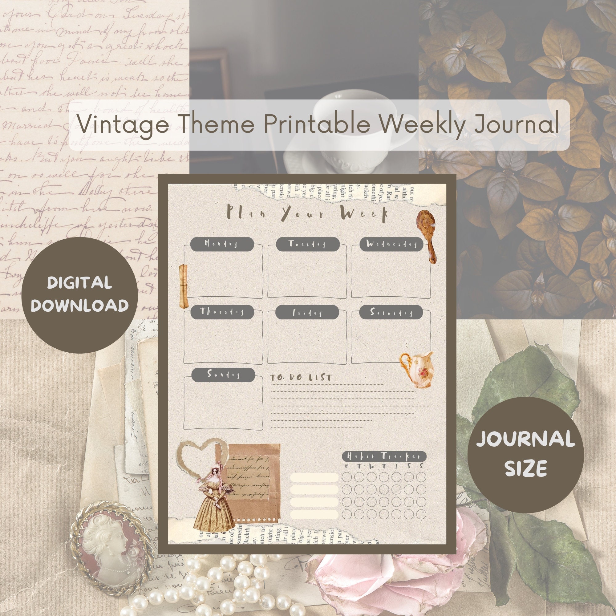 Vintage Theme Printable Weekly Journal, Habit Tracker, Digital Download ...