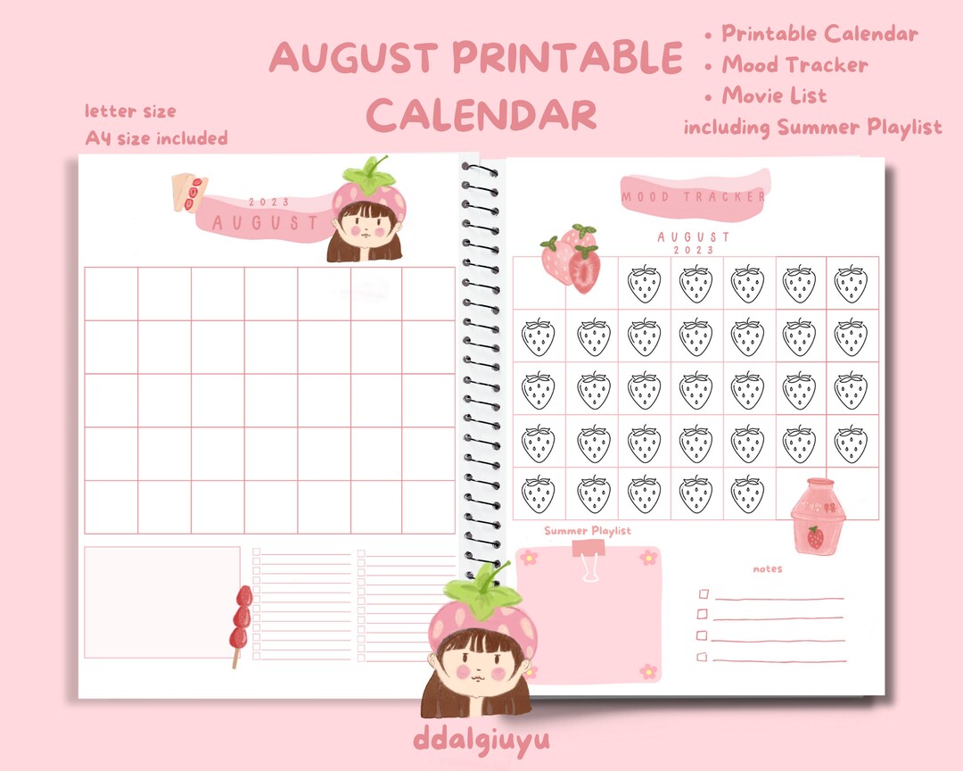 AUGUST PRINTABLE CALENDAR, Cute Strawberry Themed Calendar, Mood ...