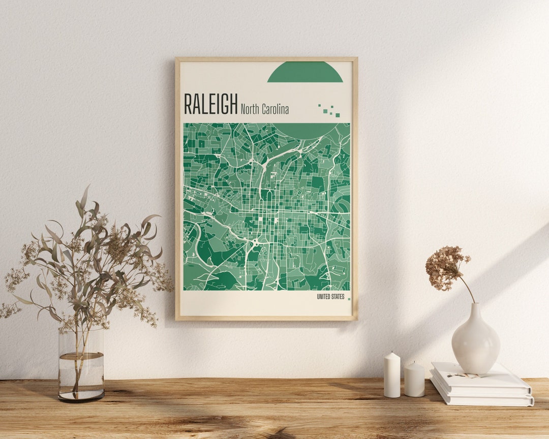 Print Map RALEIGH North Carolina City Map Terracotta Prints Green and ...