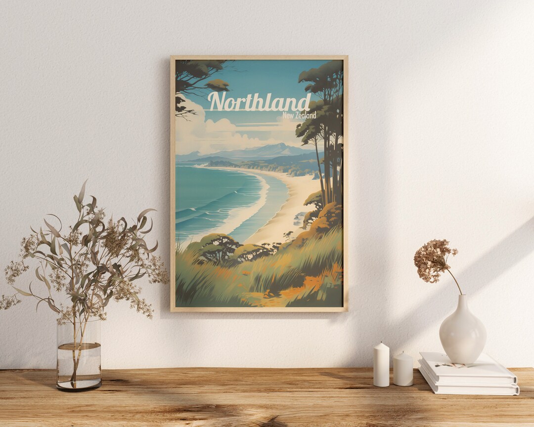 Poster Northland Beach Print New Zealand Travel Poster Scenic Coastal ...