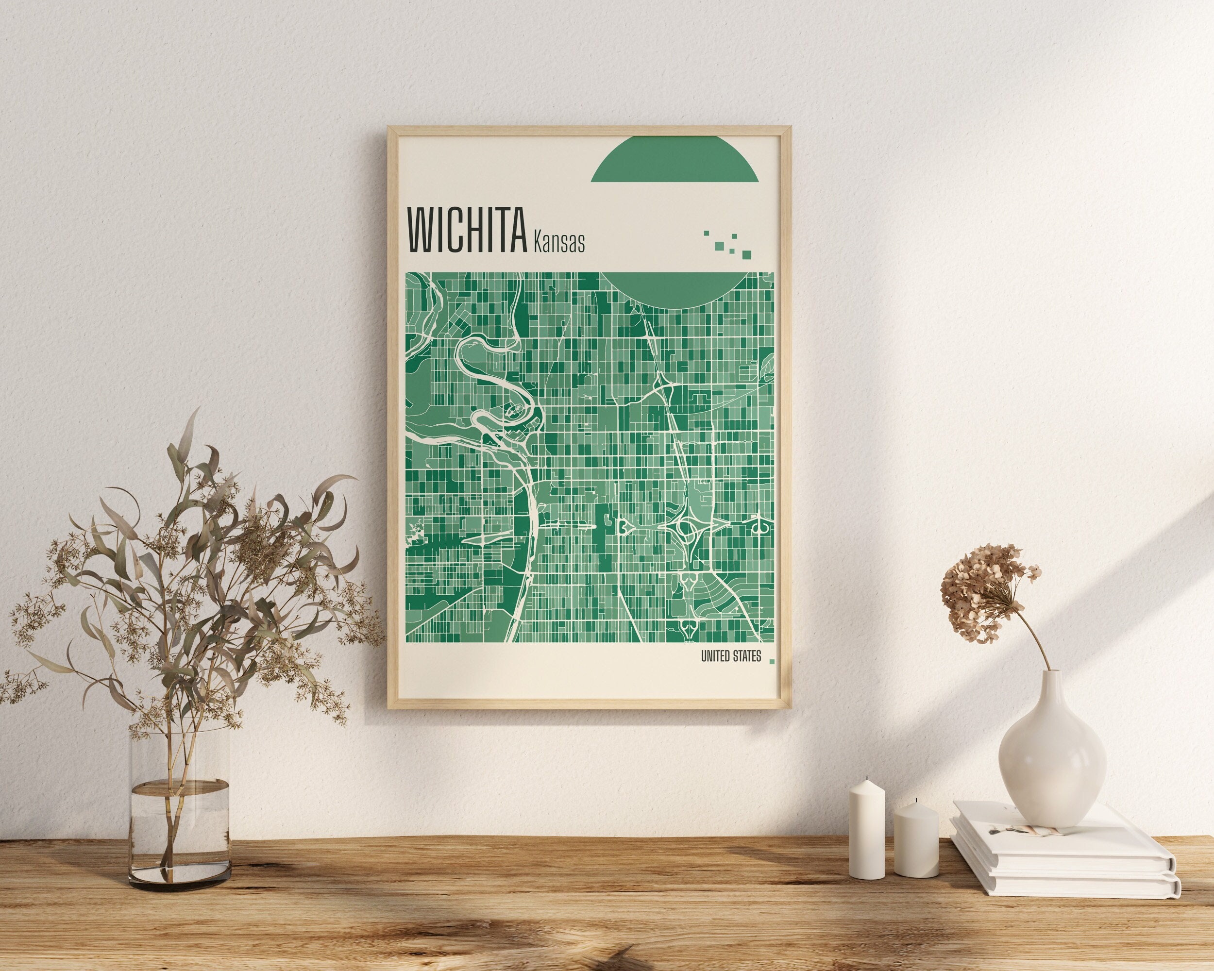 Print Map Wichita Kansas City Map Terracotta Prints Green and Blue Jade ...