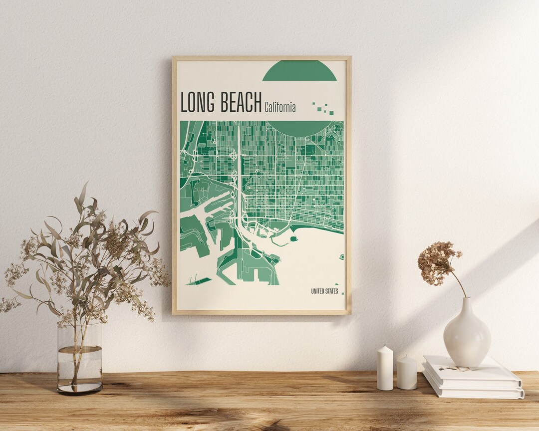 Print Map Long Beach California City Map Terracotta Prints Green and ...