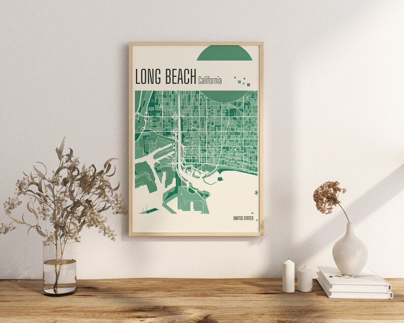 Print Map Long Beach California City Map Terracotta Prints Green and ...