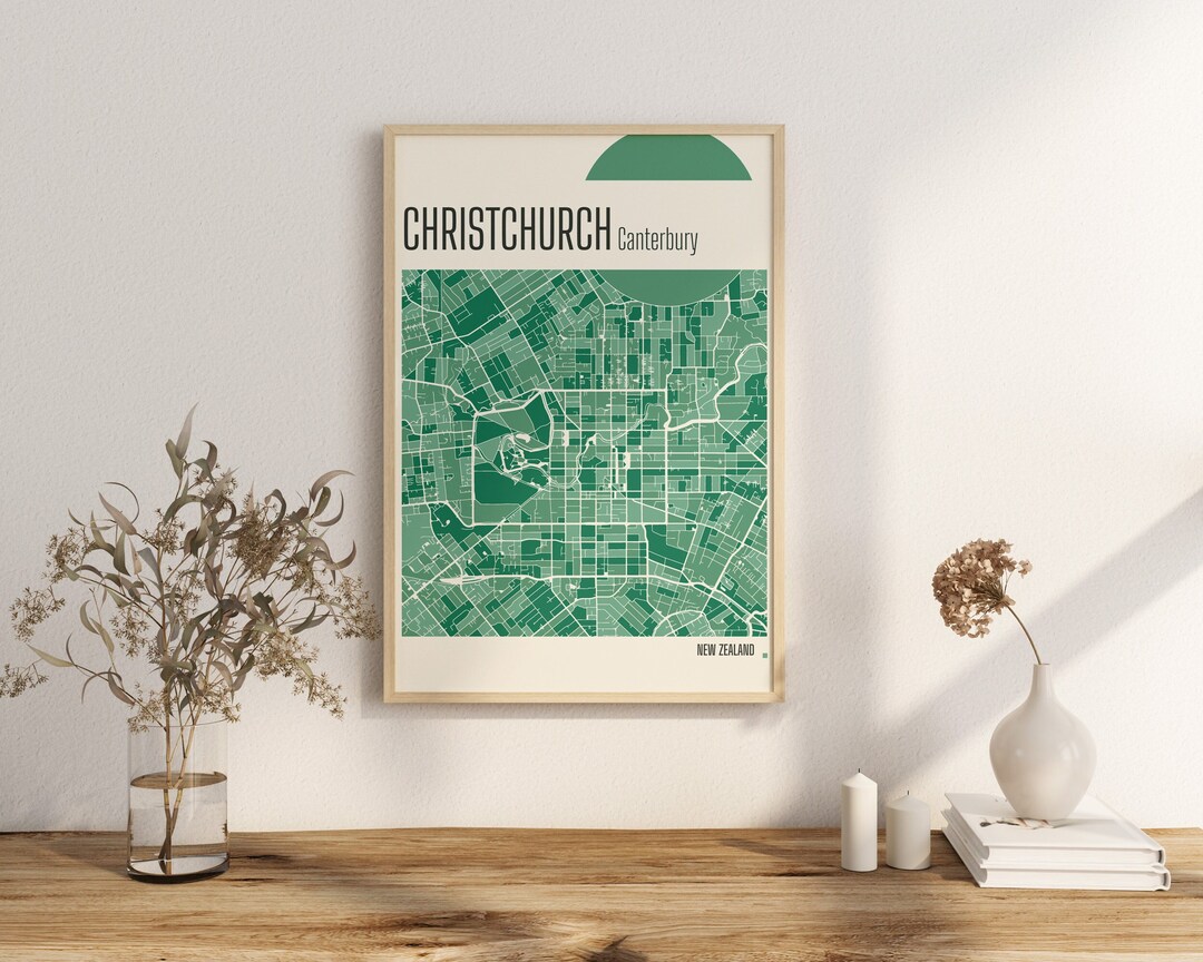 Print Map CHRISTCHURCH Canterbury City Map Terracotta Prints Green and ...