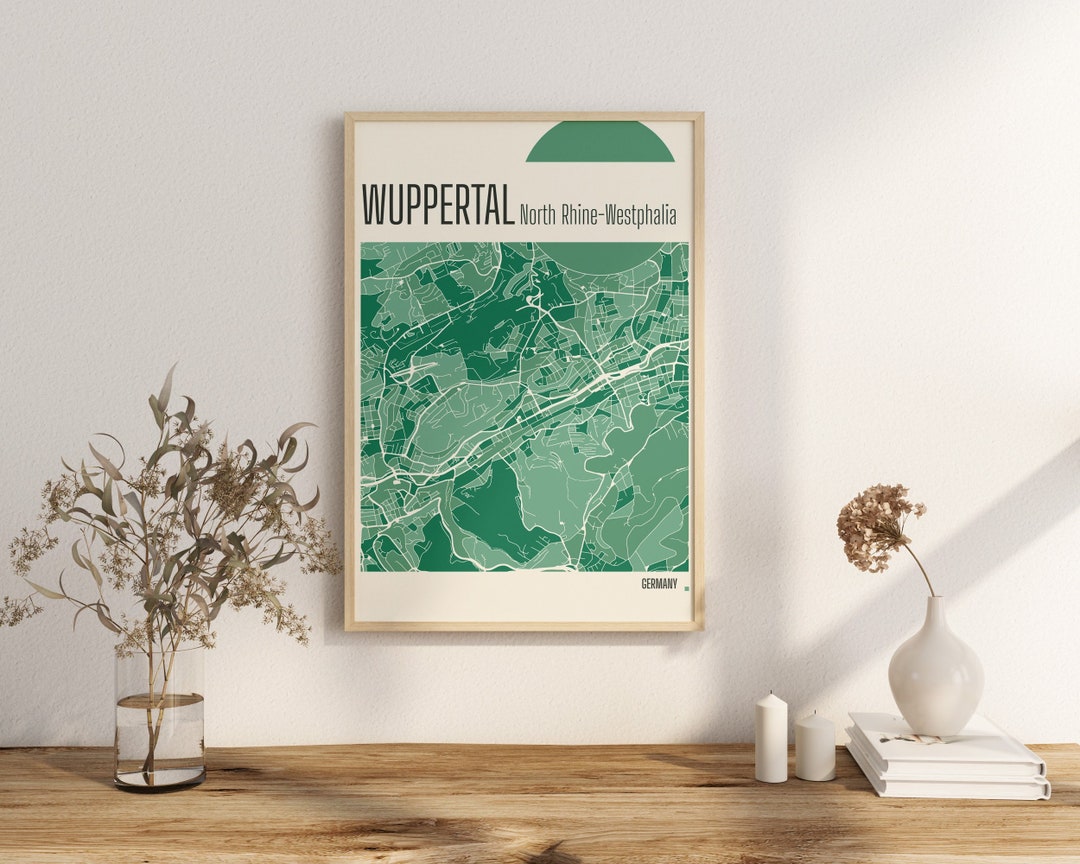Print Map WUPPERTAL North Rhine-westphalia City Map Terracotta Prints Green and Blue Jade Wall ...