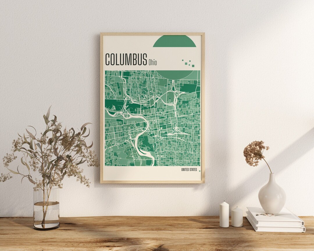Print Map COLUMBUS Ohio City Map Terracotta Prints Green and Blue Jade ...