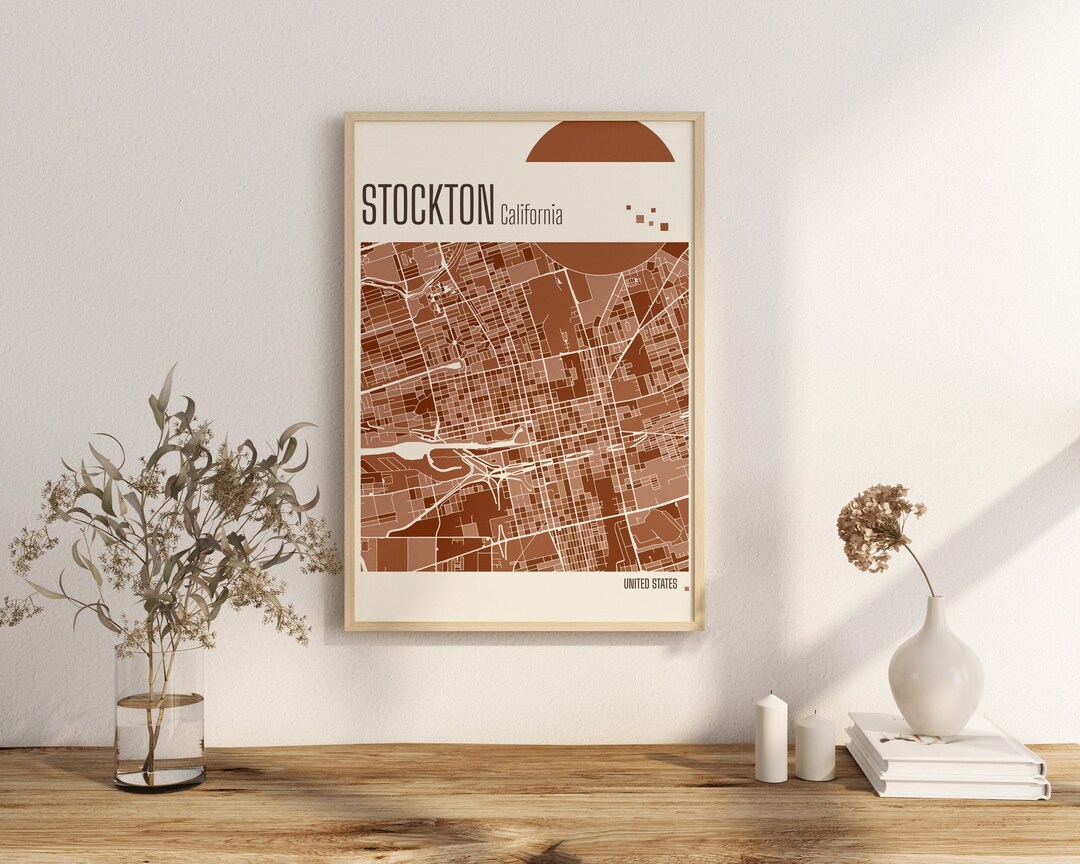 Print Map Stockton California City Map Terracotta Prints Green and Blue ...