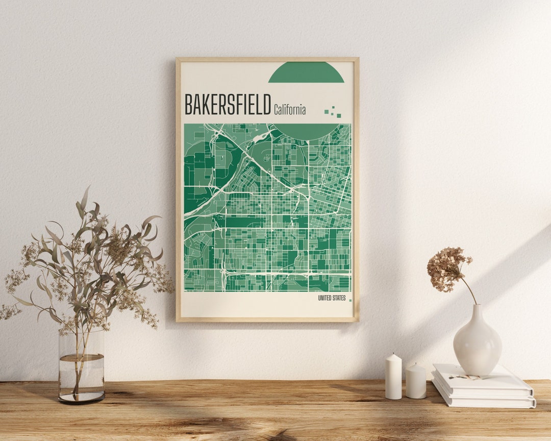 Drucken Karte Bakersfield Kalifornien Map Terrakotta Drucke grüne und blaue Jade Wandkunst ...