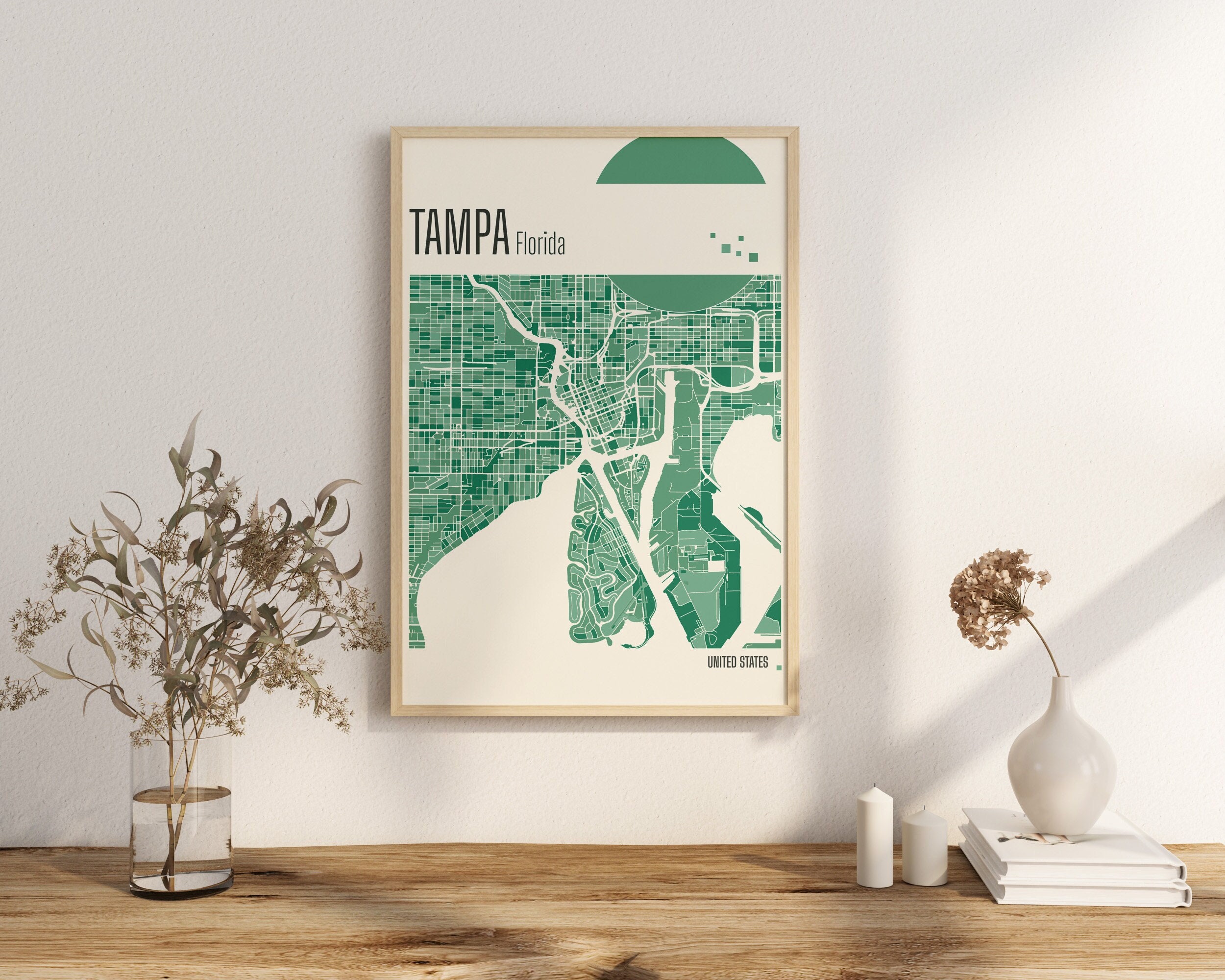 Print Map Tampa Florida City Map Terracotta Prints Green and Blue Jade ...