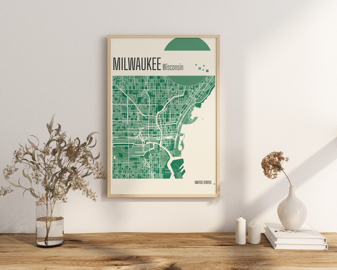 Print Map MILWAUKEE Wisconsin City Map Terracotta Prints Green and Blue ...
