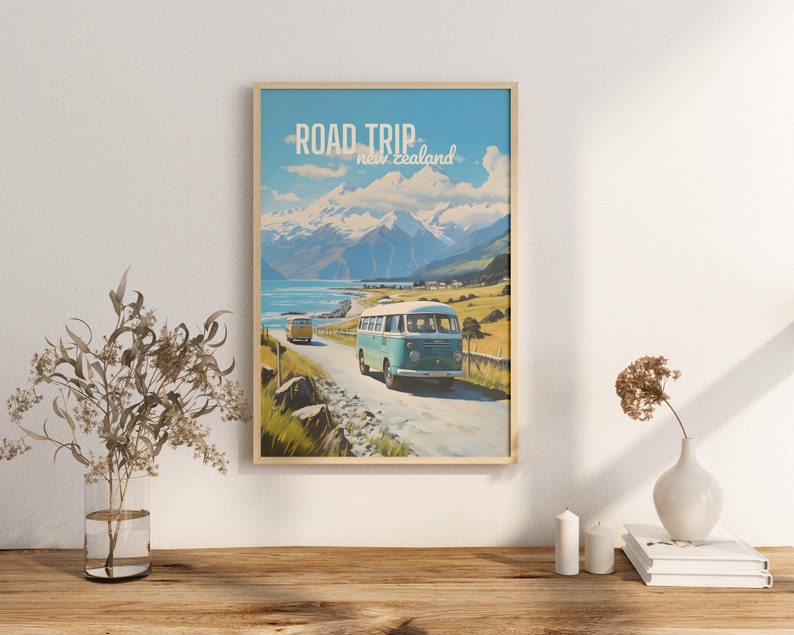 Poster Road Trip Hiace Van Print New Zealand Travel Poster Scenic ...