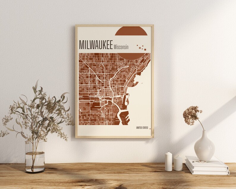 Print Map MILWAUKEE Wisconsin City Map Terracotta Prints Green and Blue ...