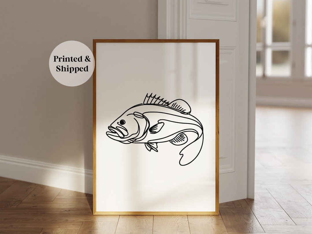 Minimalist Bass Line Drawing, Black & White Fish Abstract Line Art ...