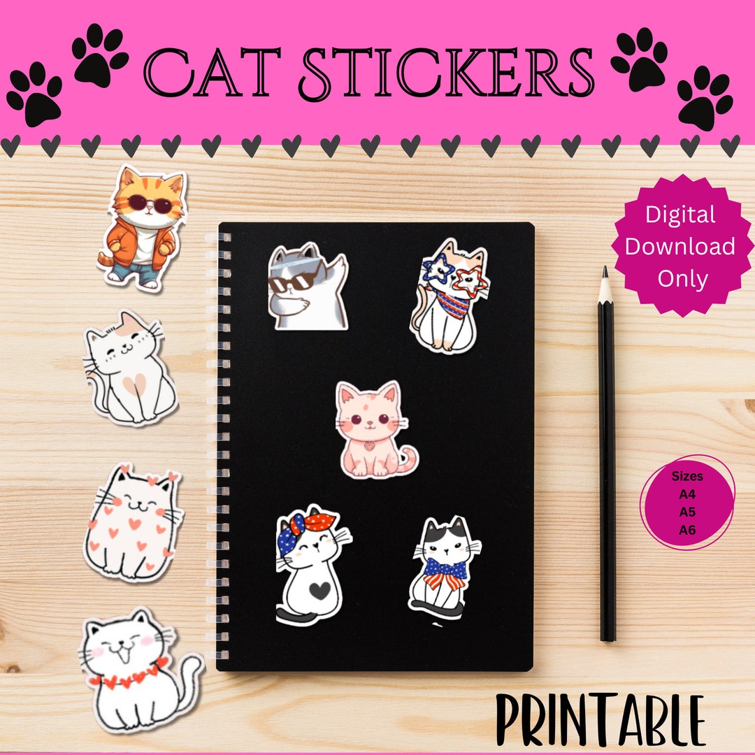 Cute Cat Printable Stickers, Instant Digital Download, Cute Cat Lover ...