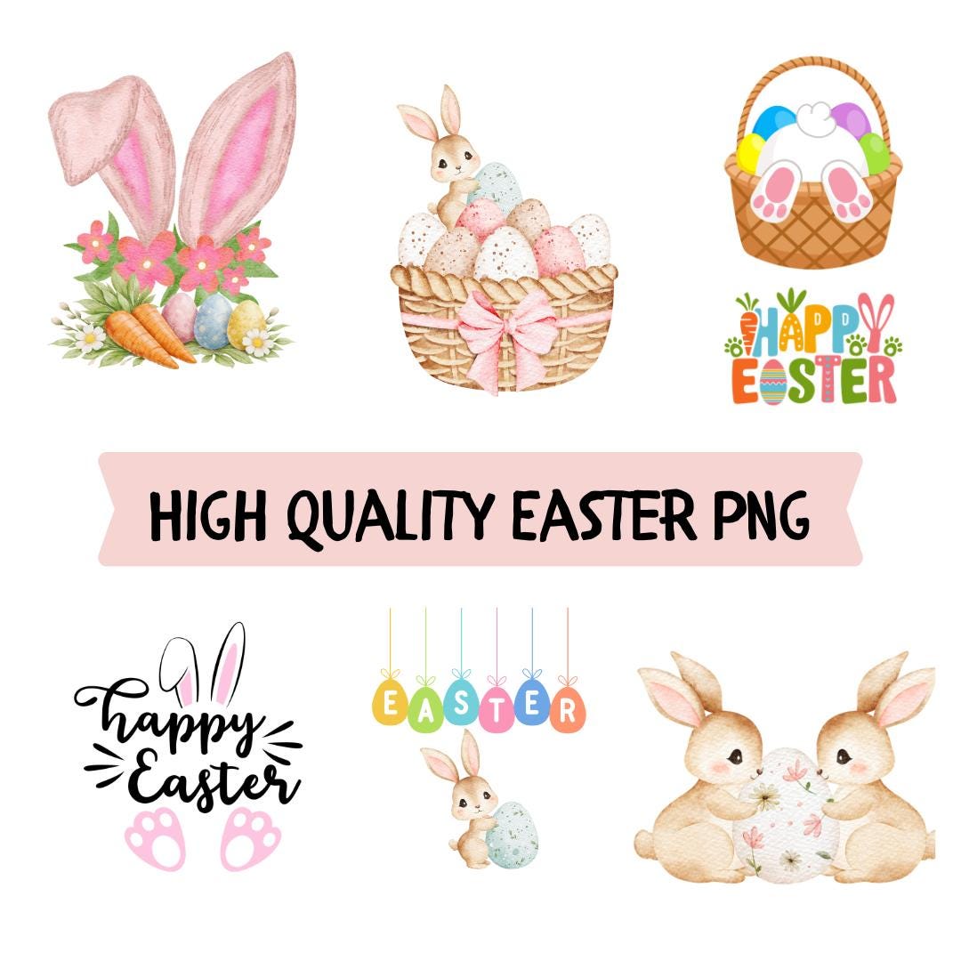 Easter Bunny Clipart Bundle PNG, Watercolor Easter Bunny Set, Cute ...