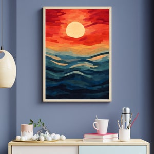 Abstract Sunset Print | Ocean Wall Art | Abstract Sun | Sunset Art ...