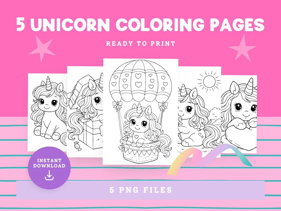 5 Unicorn Coloring Pages, Printable Unicorn Coloring Sheets for Kids - Etsy